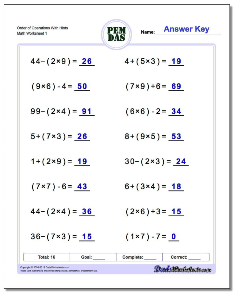 Printable Order Of Operations Worksheet | Order of Operation Worksheets