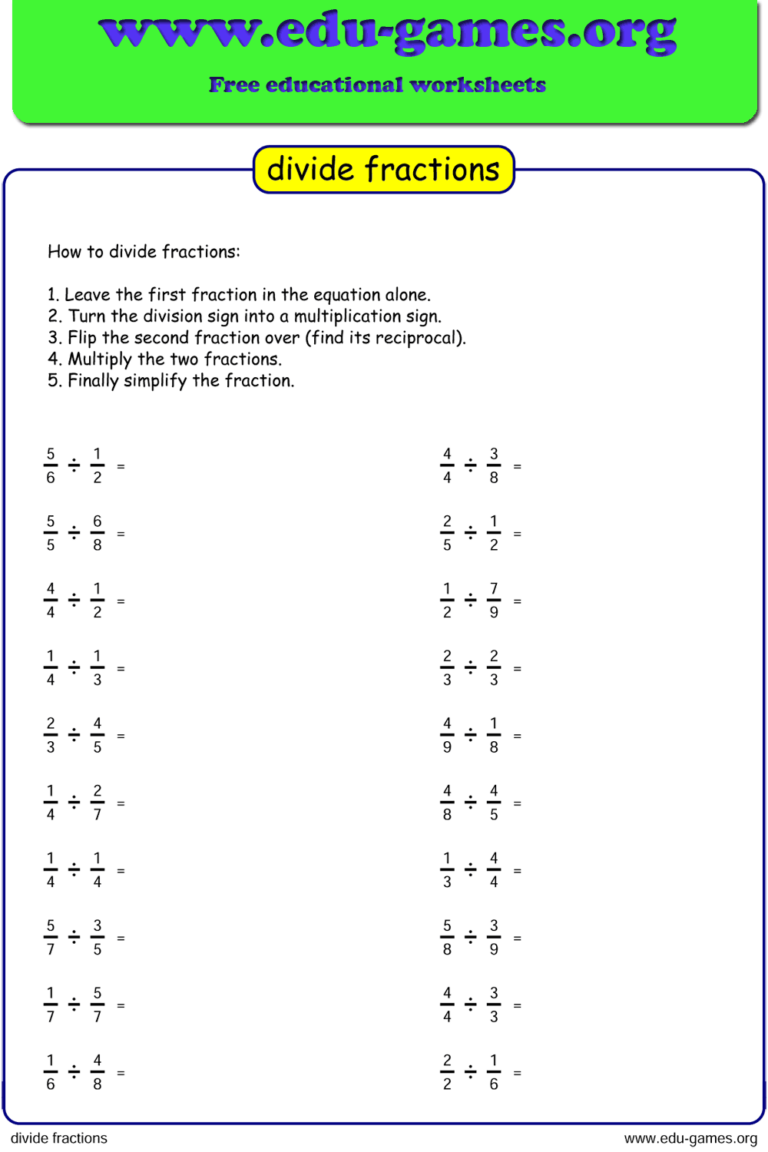Math Dividing Fractions Worksheets | Order of Operation Worksheets