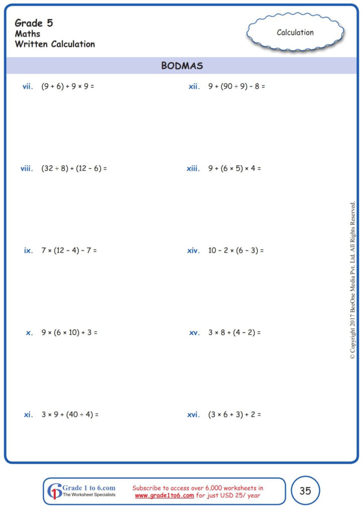 Grade 5 Class 5 Order Of Operation Worksheets Math Fact Worksheets ...