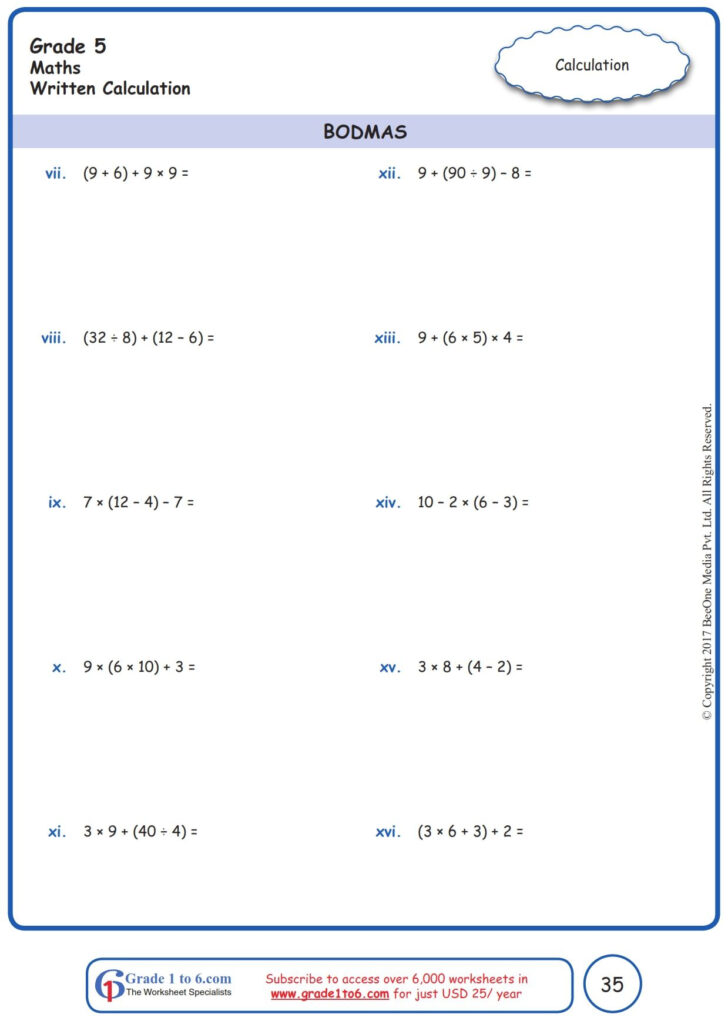 Grade 5 Class 5 Order Of Operation Worksheets Math Fact Worksheets ...