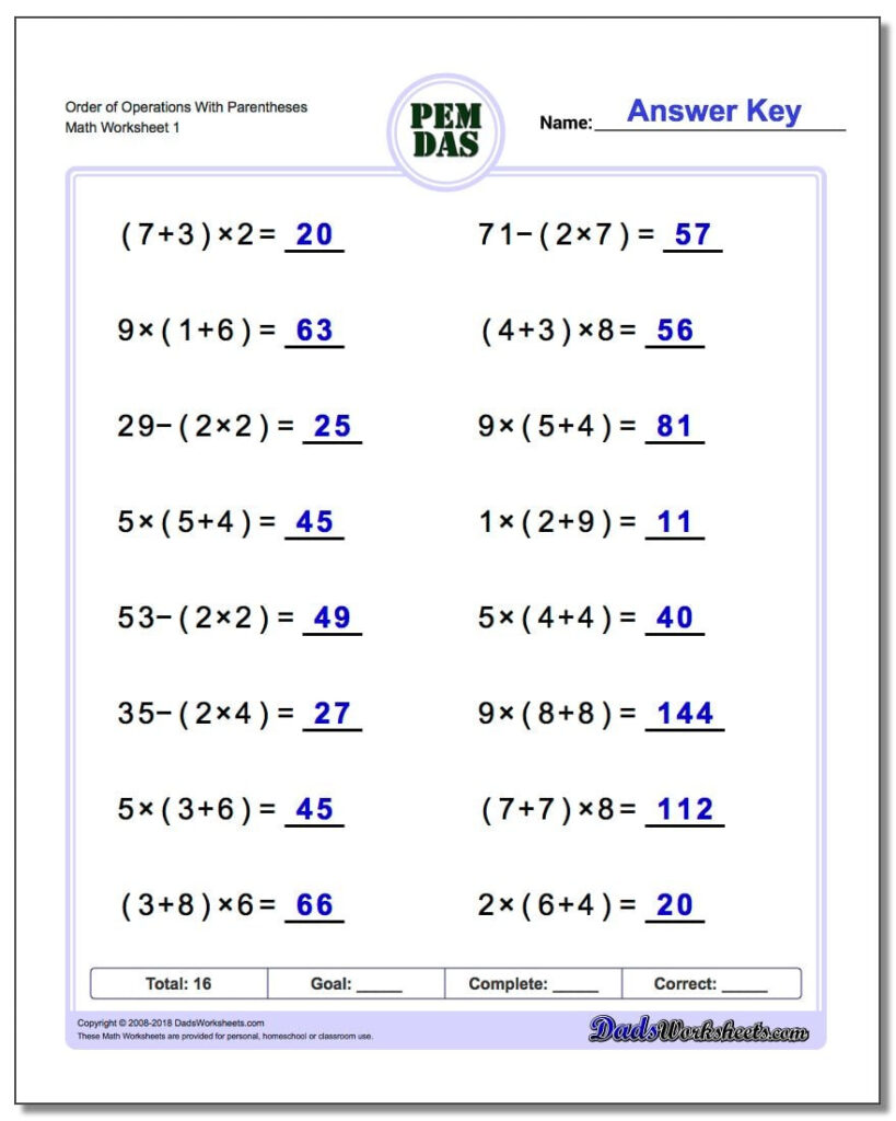 Order Of Operations With Brackets And Parentheses Worksheets | Order of ...