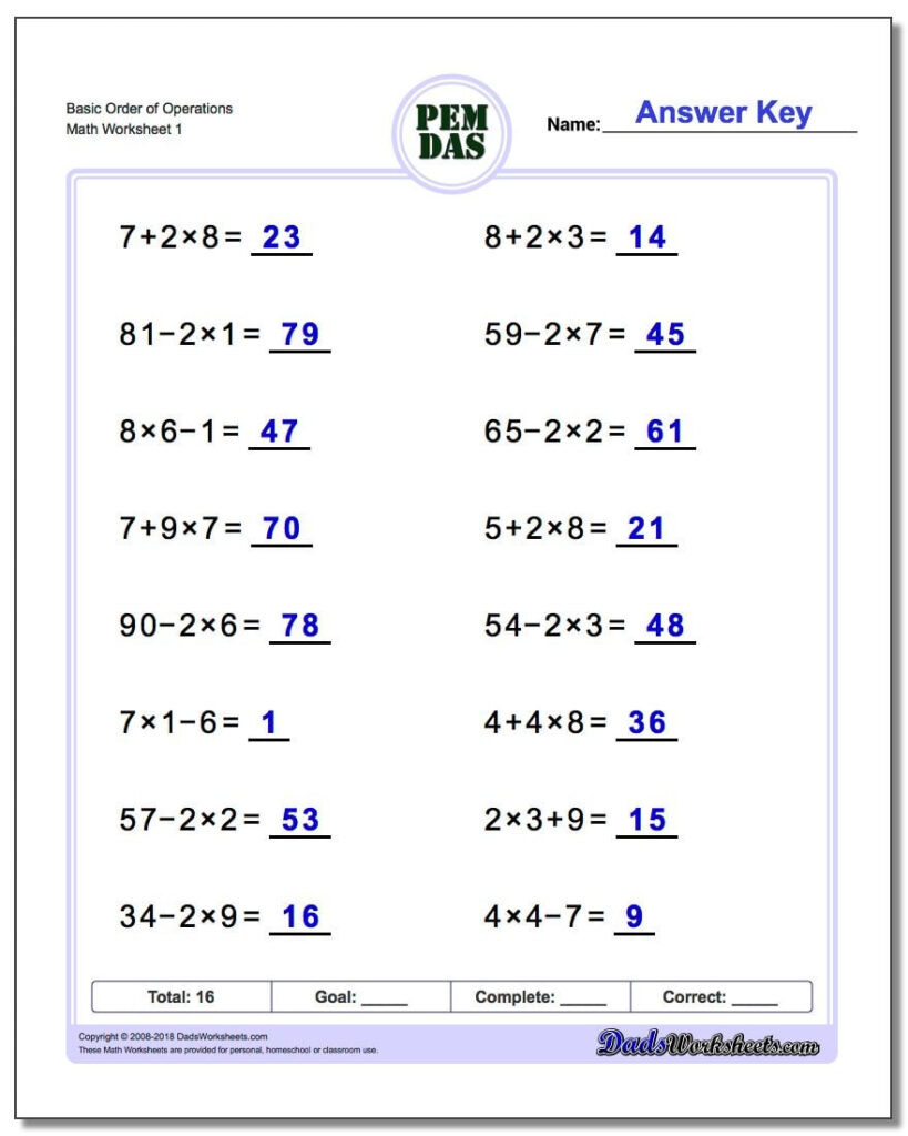 Basic Operations Math Worksheets Printable | Order of Operation Worksheets
