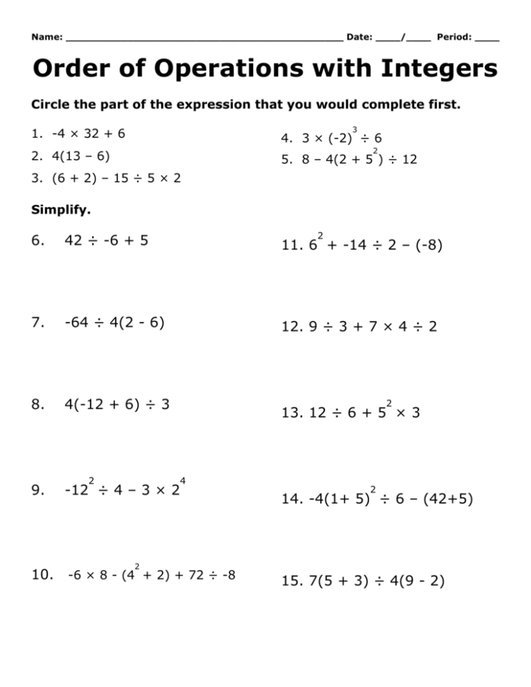 Order Of Operations With Integers And Exponents Worksheet | Order of ...