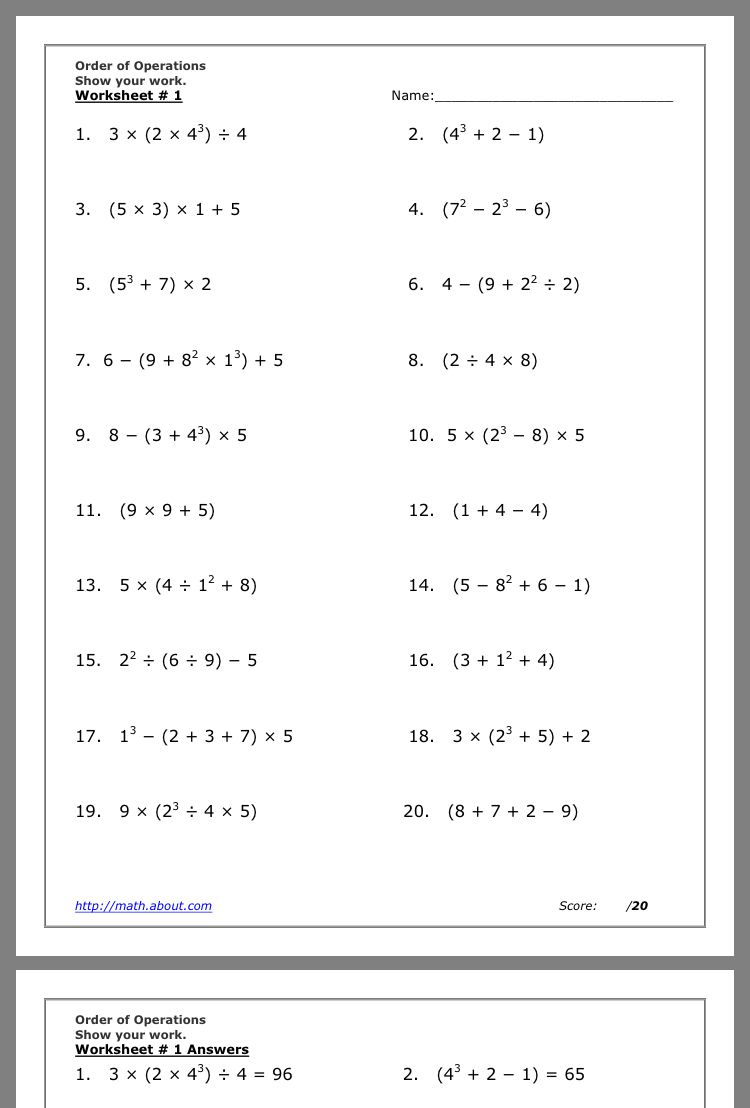 7th Grade Math Worksheets Order Of Operations Order Of Operation