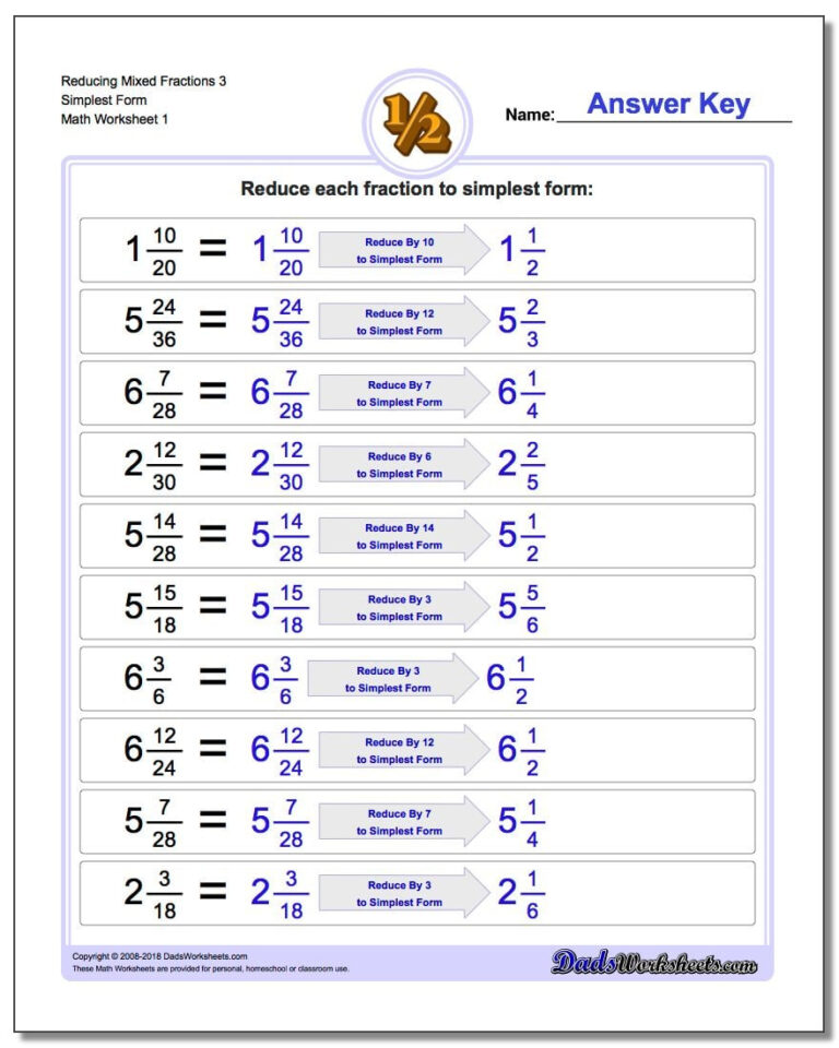 Reducing Fractions Worksheet With Answers | Order of Operation Worksheets
